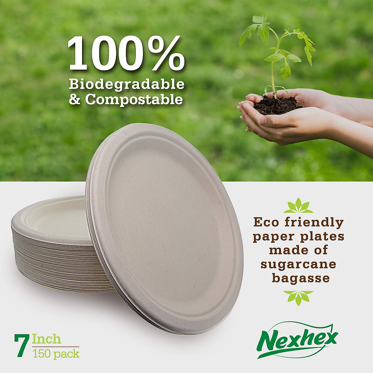 NexHex 7" Paper Plates [150-Pack] Brown Compostable Disposable Biodegradable Premium Natural Eco-Friendly Bagasse, Made of Sugar Cane Fibers Heavy-Duty Quality