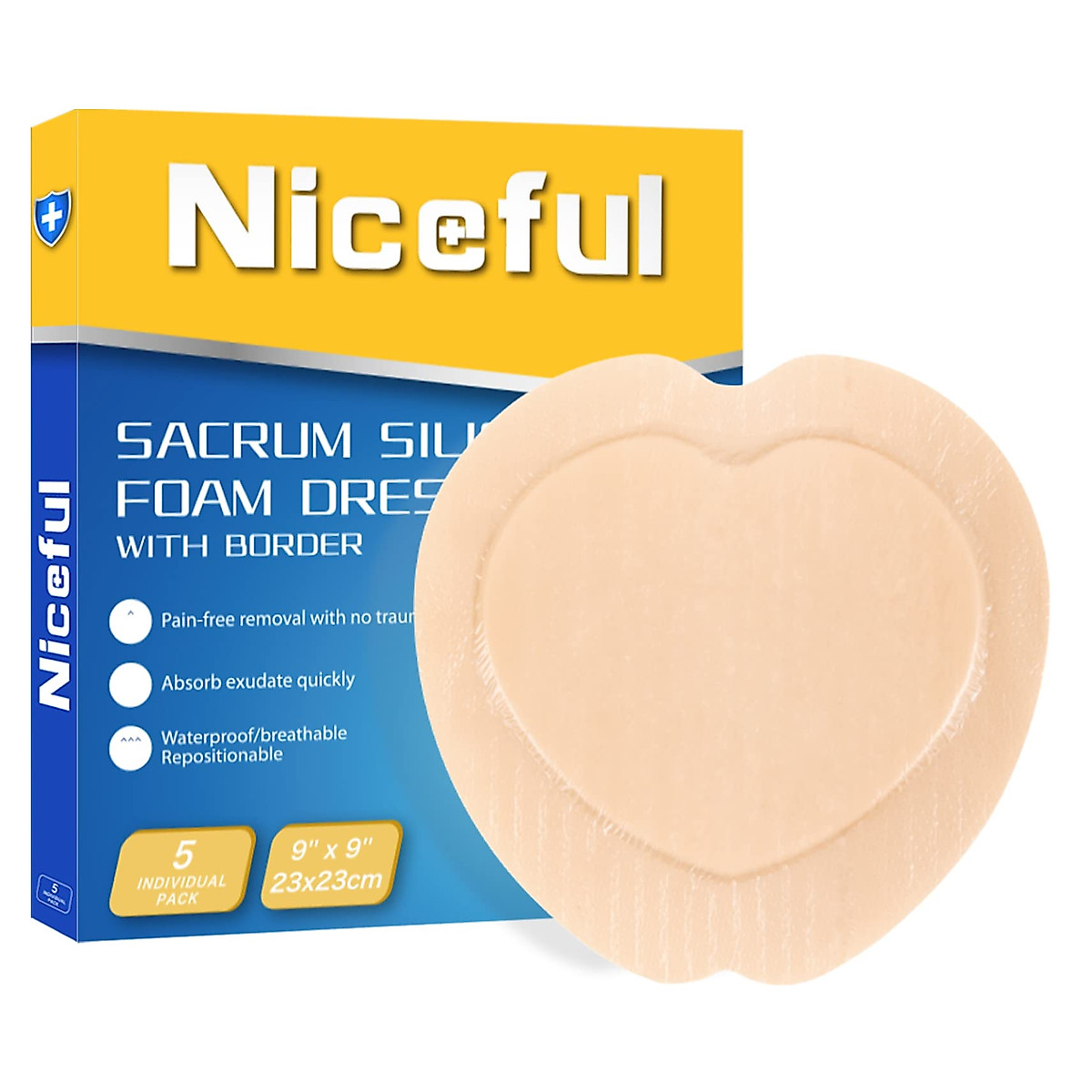 Niceful Sacral Foam Dressing 9"x9", HSA FSA Eligible, Sacral Silicone Foam Dressing with Border Bed Sore Bandages for Large Wound, 5 Pcs