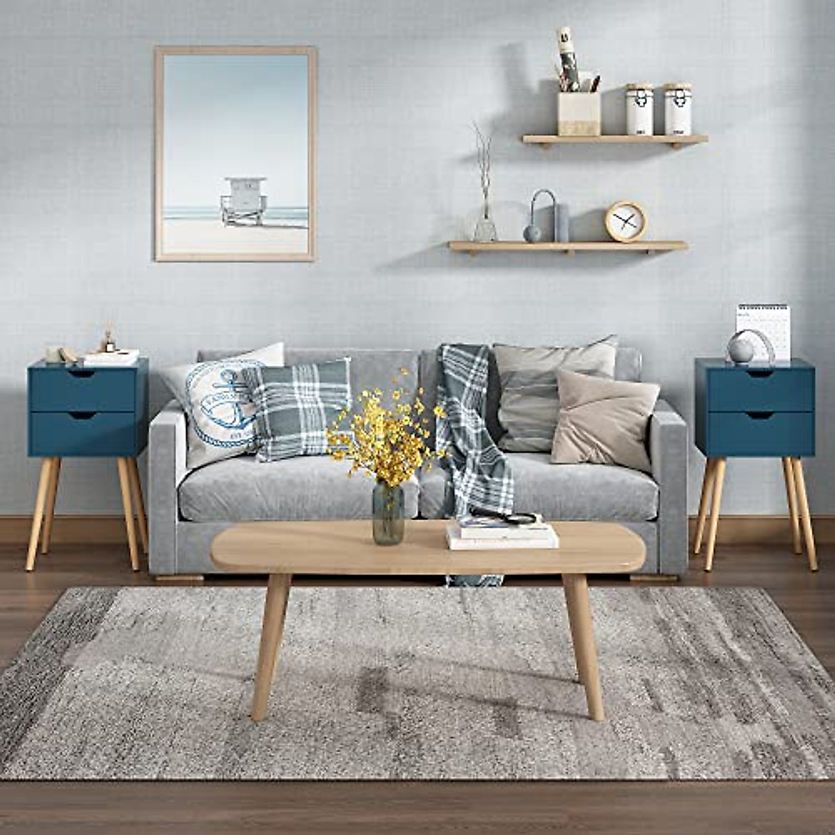 JAXPETY Nightstands Set of 2, Night Stand with Drawers, Bedside Tables with Solid Wood Legs and Large Storage Space, End Table, Side Table, for Bedroom, Blue