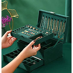 QBestry Jewelry Organizer Box for Women,Green Velvet Jewelry Box 3 Layer Large Jewelry Storage Case with Lock Rings Jewelry Box Organizer for Earrings Necklace Bracelets Storage Box,Green