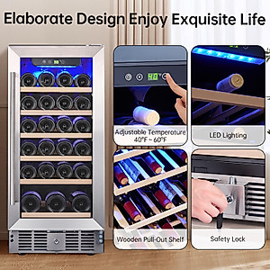 Takywep 30 Bottles Wine Fridge Under Counter, 15 Inch Wine Cooler with 40～60°F Digital Temperature Control, Safety Lock, All Wood Removable Shelves, Stainless Steel+Glass Door, Built-In Wine Cellars