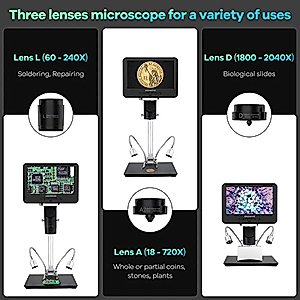 Andonstar AD246S-M HDMI Digital Microscope 2000x for Adults, 3 Lens 2160P UHD Video Record, 7 Inch LCD Soldering Microscope, Coin Microscope, Biological Microscope Kit, Windows Compatible