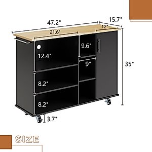 QAQA 48" Kitchen Island Cart Furniture cart on Wheels with Storage，Rolling Portable Dining Room Serving Utility Carts Mobile Movable with Drawers Cabinet,Black