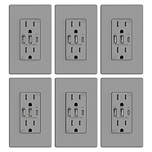ELEGRP 30W 6.0 Amp 3-Port USB Wall Outlet, 20 Amp Receptacle with USB Type C & Type A Ports, USB Charger for iPhone/iPad/Samsung/LG/HTC/Android Devices, UL Listed, w/Wall Plate, 6 Pack, Matte Gray