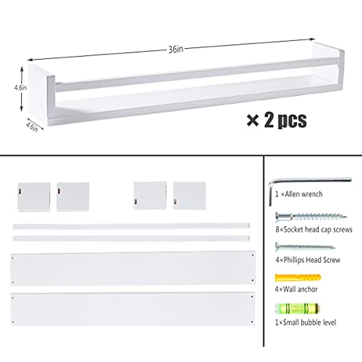 AZSKY Nursery Room Shelves 36 Inch White Floating Bookshelves for Kids Wall Mounted Wood Floating Book Shelf and Picture Ledge for Frames Living Room Decorative Organizer Set of 2
