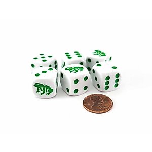 Set of 6 Frog 16mm D6 Round Edged Koplow Animal Dice - White with Green Pips