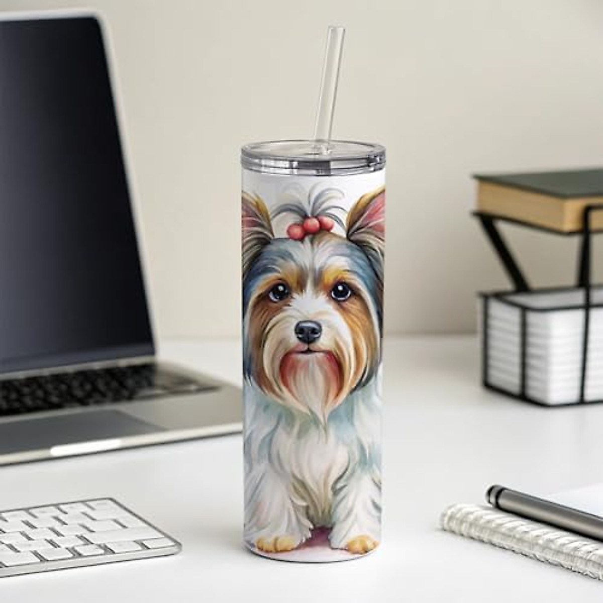 Biewer Terrier Dog Watercolor Style Skinny Tumbler 20oz with Straw Insulated Water Bottle Gift