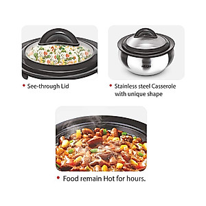 Milton Casserole with Glass Lid Set of 3 for Hot Food, Insulated Hot Pot, Stainless Steel, Serving Box (bowl, dish) for Food and Roti, Sizes 19 oz, 41 oz and 66 oz, Clarion