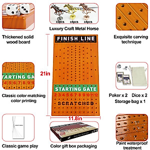 Grhonior Large 21 inches Horse Racing Board Game with 11 Luxury Metal Craft Horses Thickened Pine Finish LINE Race Game Chessboard Including 2 Sets of dice and 2 Boxes of Cards