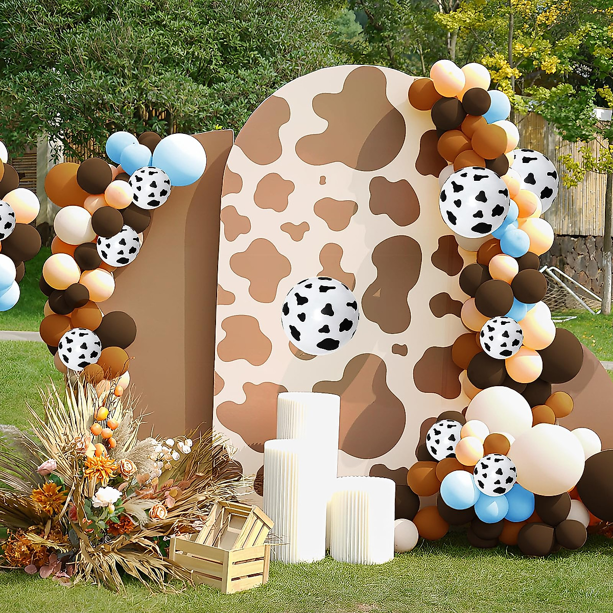 150 Pieces Cow Balloons Garland Arch Kit Cowgirl Cowboy Blue Balloons White Brown Cow Print Farm Animal Balloons for Baby Shower Farm Birthday Party Decorations