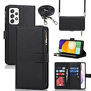 Jaorty Samsung Galaxy A52 5G Wallet Case,[9 Card Slots] Removable Adjustable Crossbody Necklace Lanyard Shoulder Strap Zipper Magnetic Leather Case for Samsung Galaxy A52 5G,6.5 inch Black