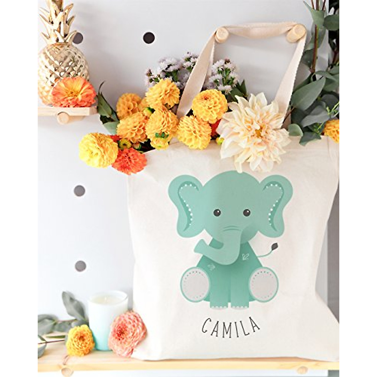 The Cotton & Canvas Co. Personalized Elephant Beach, Shopping and Travel Resusable Shoulder Tote and Handbag for Kids, Teens and Adults