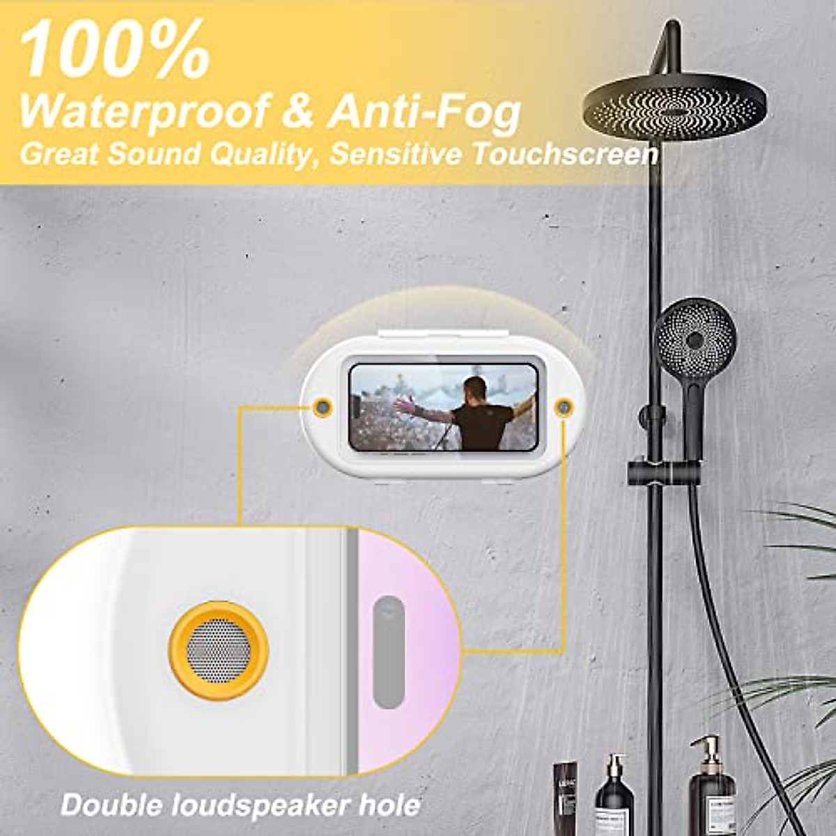 URROY 720° Rotating Shower Phone Holder Waterproof Anti Fog Universal Bathroom Phone Mirror Wall Mount Guardian Case Stand for Bathtub Kitchen Shower Accessories for All Cell Phone Up to 6.8"