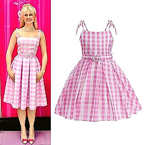 Kids Doll Princess Movie Heroine Costume Dress Girls Halloween Costume Princess Cosplay Pink Plaid Dress with Pearl Buckled Belt Bow Hairpin ZF011S