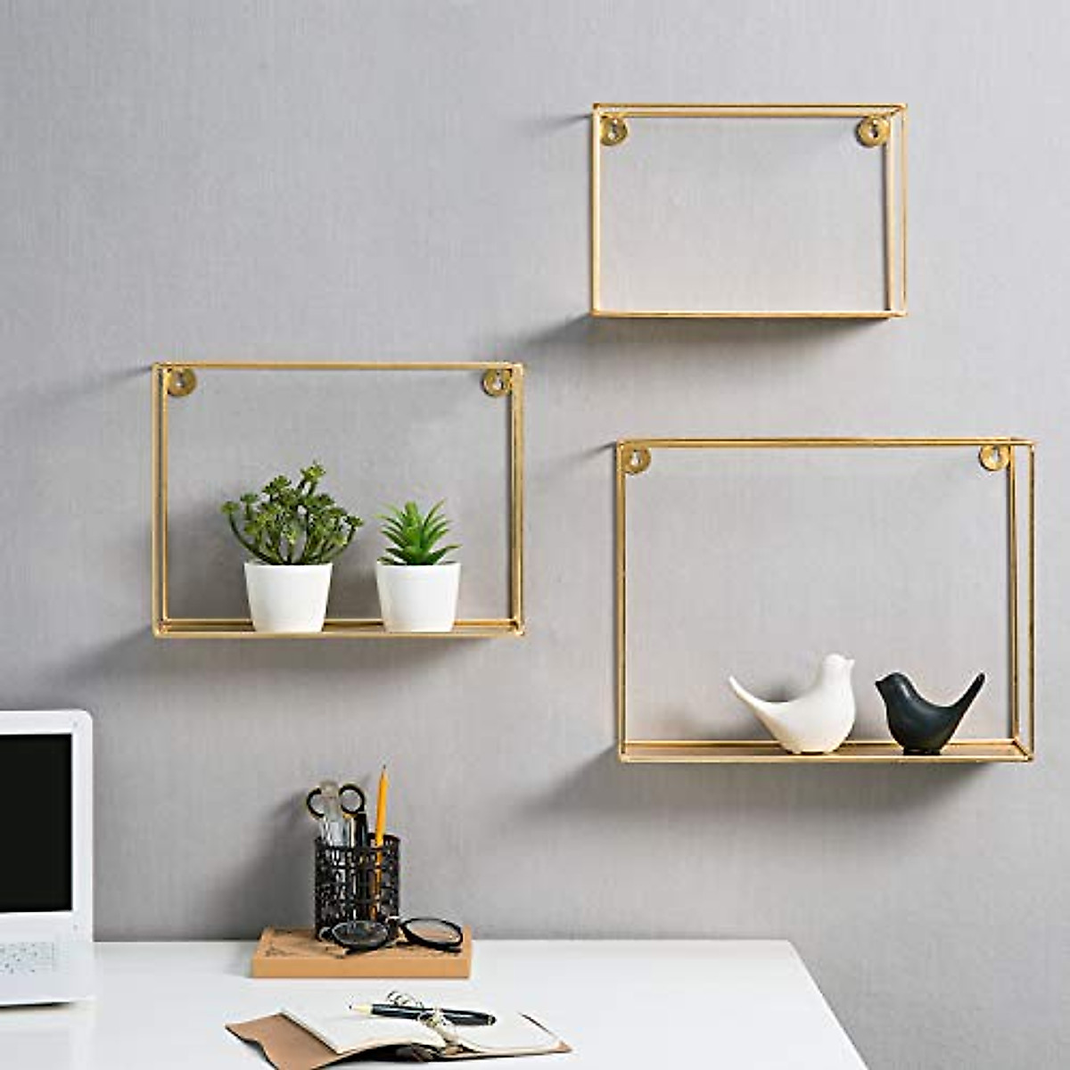 MyGift Wall Mounted Floating Shelf Display Organizer with Brass-Tone Metal Wire Frame, Set of 3 - Handcrafted in India