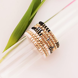 Pychee Surfer Heishi Bracelets Set for Women Stackable Gold Clay Ploymer Bead Stretch Bracelets Summer Beach Layering Black Bracelets Jewelry (A-black&white 7pcs)