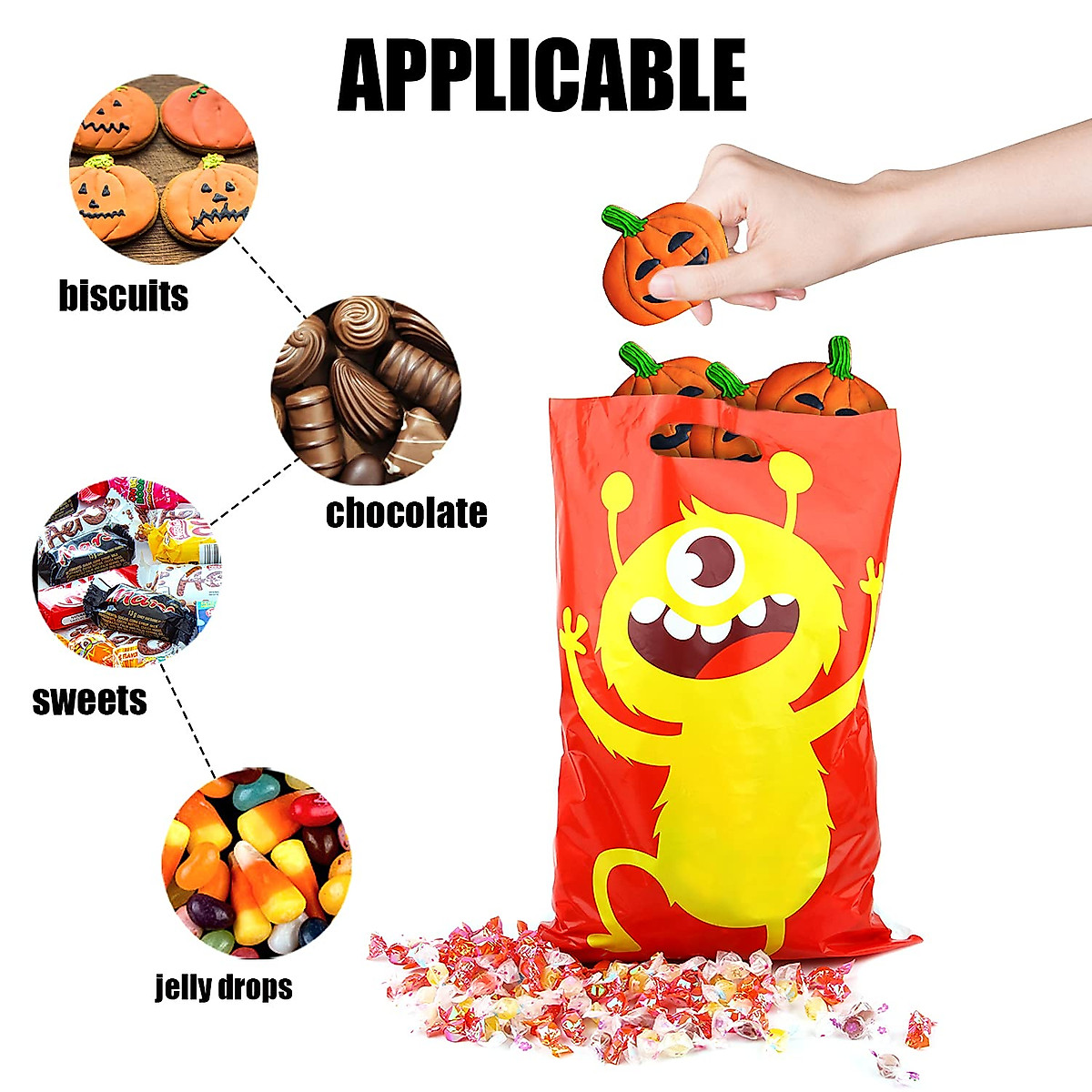 CCINEE 72pcs Halloween Treat Bags, Pumpkin Plastic Candy Tote Bags for Kids Trick or Treat Halloween Party Supply