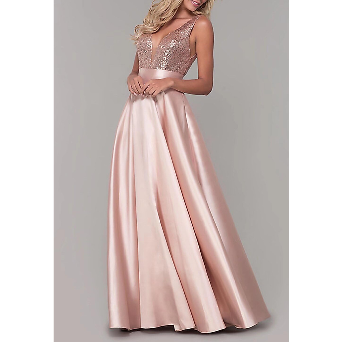 V Neck Prom Dress Sequins Satin Long 2025 New Formal Evening Dresses Ball Gowns for Women with Pockets Rose Gold