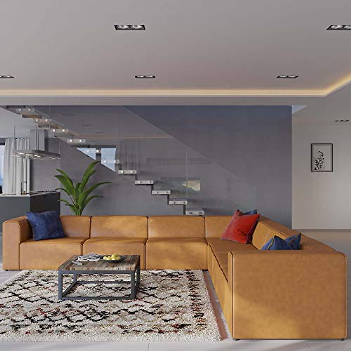 Modway Mingle Vegan Leather 7-Piece Sectional Sofa in Tan