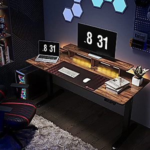 EUREKA ERGONOMIC Electric Standing Desk,63 Inches Height Adjustable Desk,Stand up Desk with Dual Motor,Computer Desk with LED Lights & Double Shelves,Home Office Desk with Monitor Stand,Brown Wood