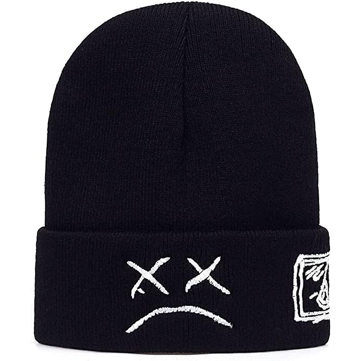 Beanie Hat for Men Women with Sad Face Cuffed Plain Skull Knit Cap intended for Lil Peep, Black
