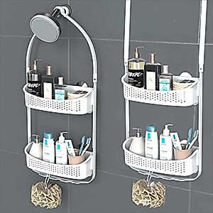 EMT ETRENDS Plastic Shower Caddy over Shower Head/Door,Hanging Shower Caddy, 2 in 1 Adjustable Shower Organizer,Rust Resistant No Drilling Anti-Swing Shelf for Bathware (4 suction cup, White)