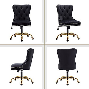 QUINJAY Velvet Home Office Desk Chair, Upholstered Adjustable Swivel Desk Chair with Gold Base, Tufted Study Desk Chair with Comfy High Back for Teens Study Makeup Black