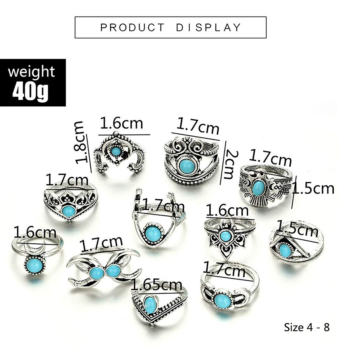 Asphire 11Pcs Bohemian Stacking Knuckle Rings Set Turquoise Midi Ring Punk Silver Animals Finger Rings for Women