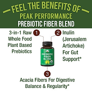 USDA Organic 3-in-1 Prebiotic Fiber - Vegan Capsules for Gut, Digestive Health. Raw Whole Food Plant Based Prebiotics Pills Supplement with Inulin (Jerusalem Artichoke), Acacia Fibers, SunFiber