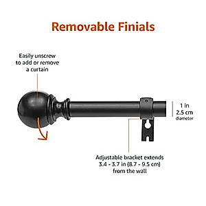 Amazon Basics 1" Curtain Rod with Round Finials, 36" to 72" and Decorative Curtain Holdback, Set of 2, Black