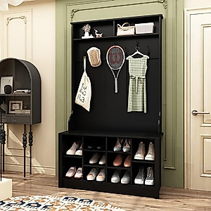 Homsee Modern Hall Tree with Storage Bench, 4-in-1 Entryway Bench with Coat Rack, Tall Hall Tree with 7 Metal Hooks, Shelves & 10 Cubes for Hallway, Living Room, Black (39.4”L x 15.7”W x 68.5”H)