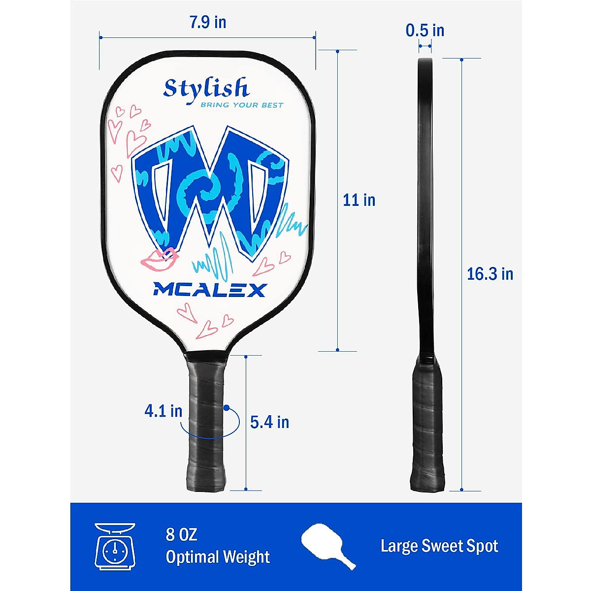 MCALEX Pickleball Paddles, Graphite Pickleball Paddle, Graphite Carbon Fiber Surface with Cushion Comfort Grip Easy to Hold, 8.2 Ounces (Blue/White)