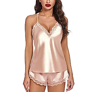 Avidlove Women's Sexy Silk Satin Pajamas Sets Lace Trim Cami Tops Shorts Sleepwear Champagne Medium