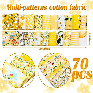 Kingdder 70 Pcs Floral Cotton Fabric Patchwork Roll 2.55 x 39.4 Inch Cotton Quilting Fabric Roll up Cotton Fabric Quilting Strips Precut Patchwork Roll for Craft Sewing DIY Crafts (Yellow Flower)