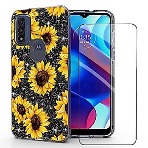 DDTKZC for Motorola G Pure Case,Moto G Pure Case, Tempered Glass Protector Lustre Pattern-Sparkle 3 in 1 Clear Shockproof Case for Moto G Pure (Yellow Sunflower)