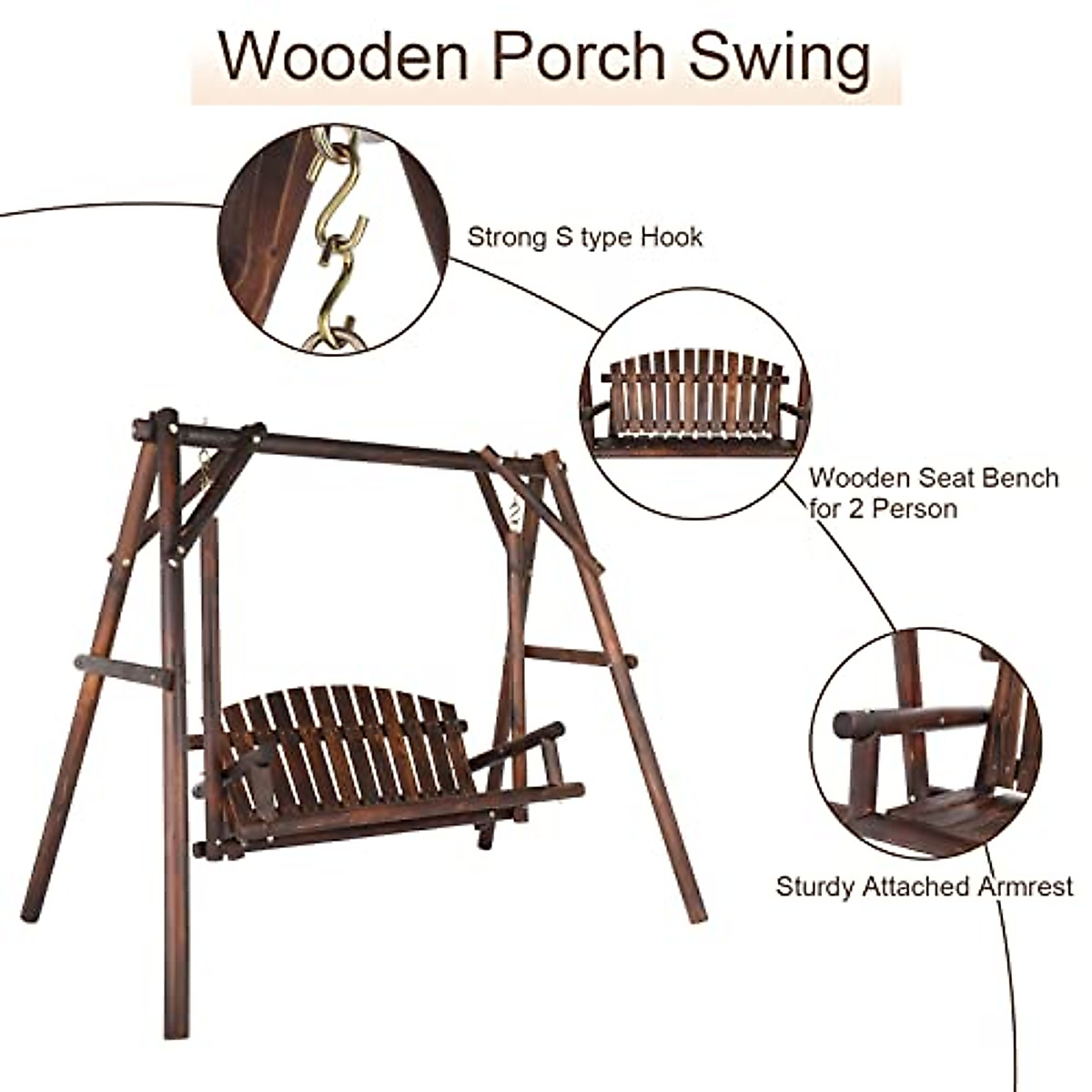Ochine 6.5 Ft Patio Wooden Porch Swing Outdoor Swing Chair Bench Outdoor Patio Swing Chair Heavy Duty 600 LBS Rustic Hanging Log Porch Swing 2 Seater with Stand for Outdoor Patio Garden Yard