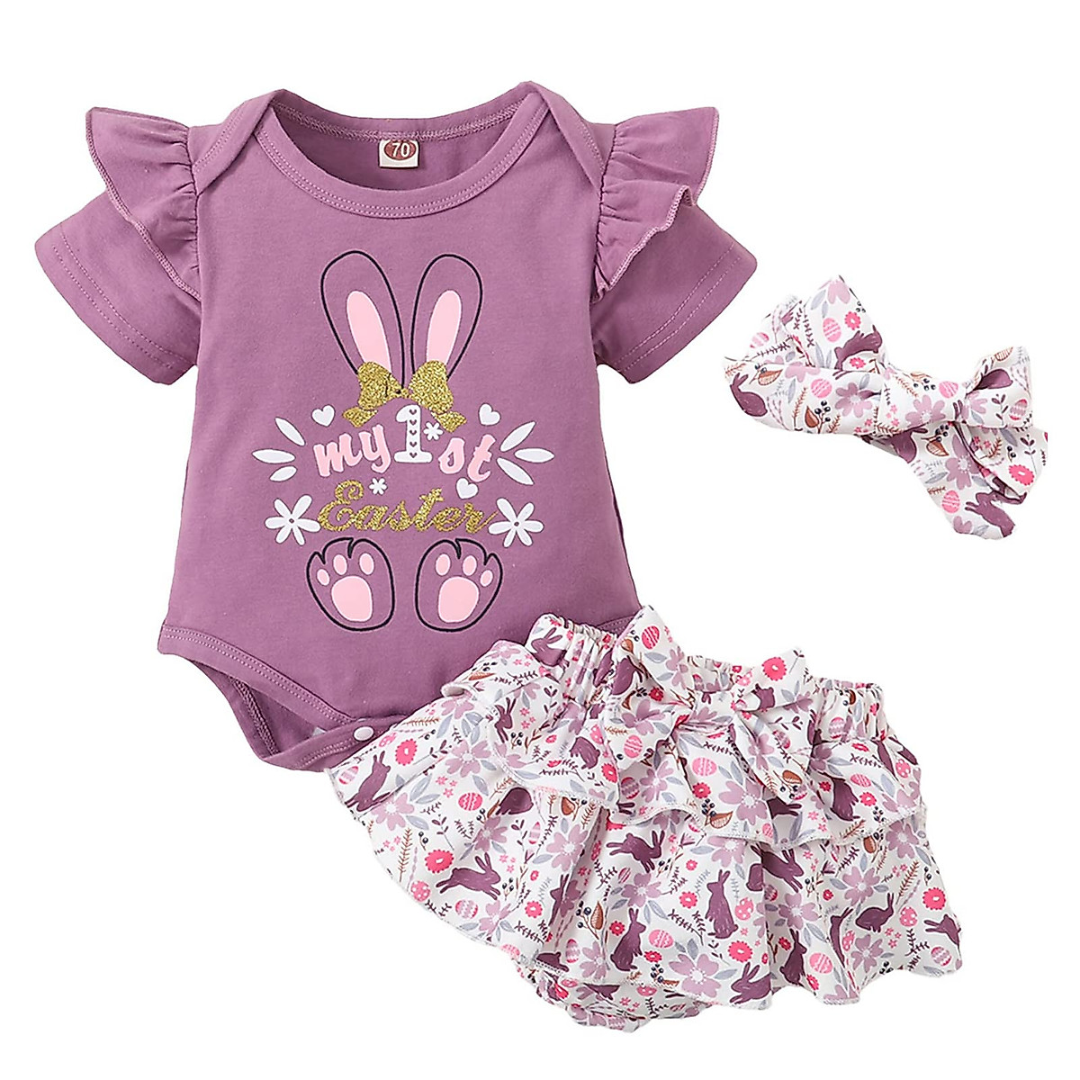 Sinhoon My 1st Easter Baby Girl Outfits Newborn Letter Romper+Bunny Ruffled Shorts+Headband 3Pcs Clothes(Purple,3-6M)