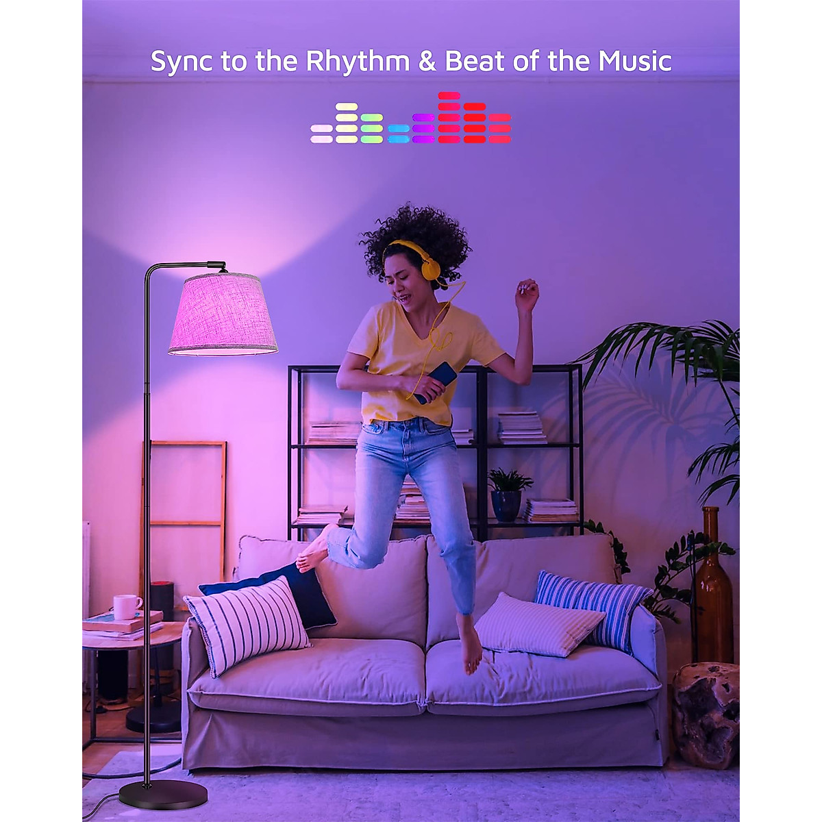 RGBWW Arc Floor Lamp for Living Room, Compatible with Alexa, Google Home, 2700K-6500K Dimmable Smart LED Lamp with Remote & WiFi APP Control, 67" Tall Modern Standing Lamp for Bedroom, Office (Black)