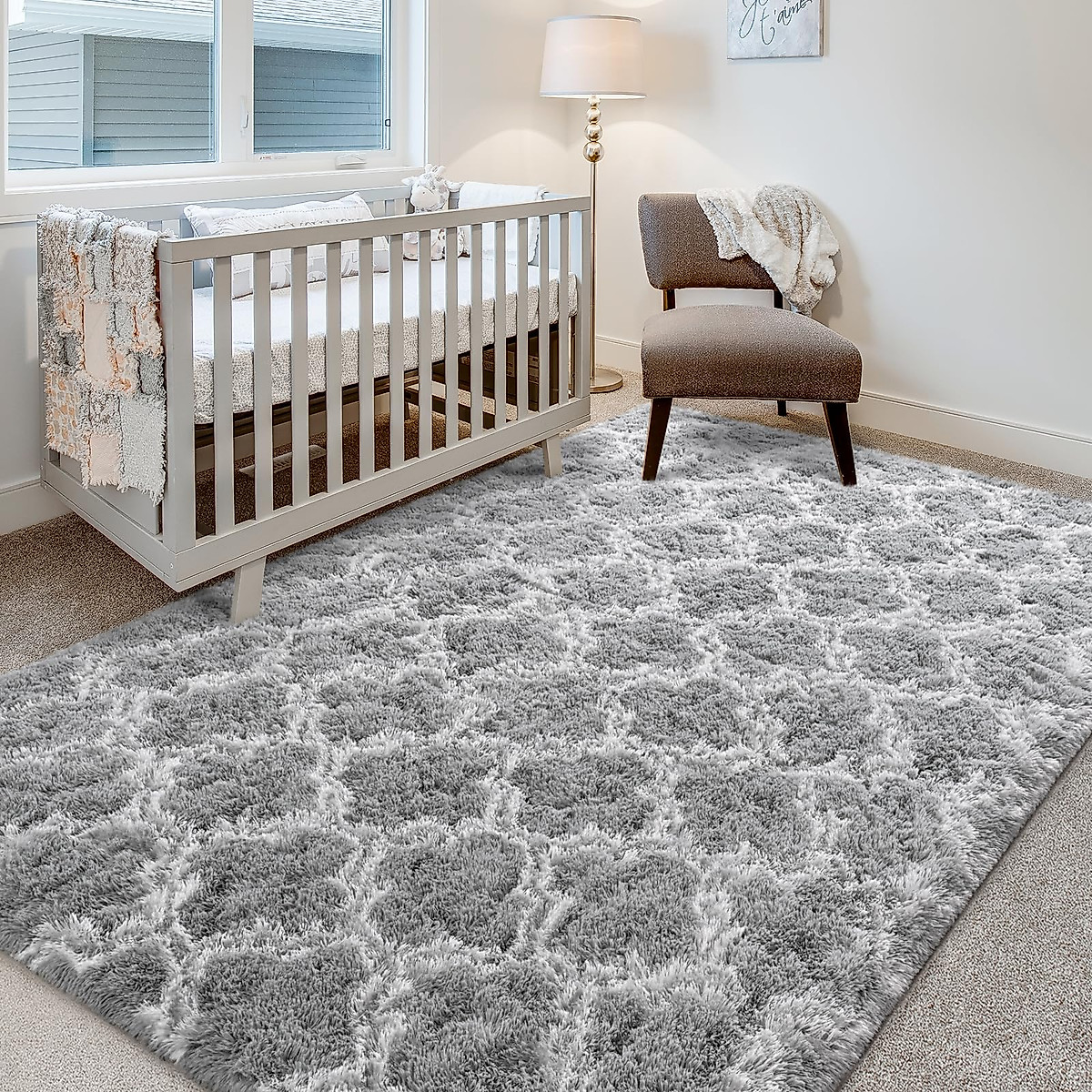 Hutha 5x8 Geometric Large Area Rugs for Living Room, Light Grey Modern Super Soft Bedroom Carpet, Moroccan Luxury Shag Plush Fluffy Rug for Kids Nursery Girls Room Indoor Home Decor