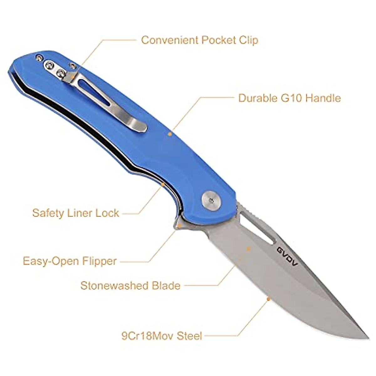 GVDV 9Cr18Mov Stainless Steel Pocket Knife with Ball Bearing Flipper, 3.6”Blade Folding Knife with G10 Handle, EDC Pocket Knives for Hunting Camping Fishing, Gifts for Men Women, Large (Blue)