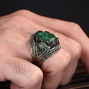 Emerald Stone Men Silver Ring, 925 Sterling Silver Emerald Gemstone Ring, Handmade Engraved Turkish Silver Ring with Natural Emerald Stone gifts for men handmade rings valentines day gifts for him