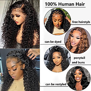 JADEFLO 13x4 Deep Wave 24 inch Lace Front Wigs Human Hair Pre Plucked with Baby Hair 180 Density Curly lace frontal Wigs for Women Human Hair HD Lace Deep Wave Frontal Wig Natural Color (24 Inch)