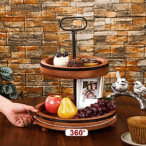 Wesiti 2 Tier Spinning Lazy Susan Organizer 360° Rotatable Vintage Rotating Wood Spice Rack Pallet Farmhouse Tiered Tray Stand for kitchen countertop Cabinet Turntable Organizer