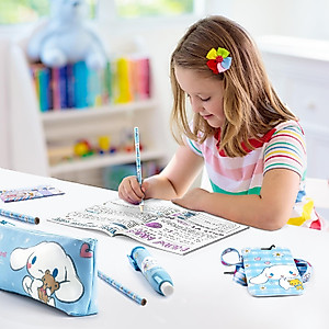 Lobsgous Cinnamoroll School Supplies Set, Cute Cinnamoroll Stationary Set, Kawaii School Supplies - Includes Pencil Case Ballpoint Pen Eraser Ruler ID Badge Holder Stickers Key Chain for Girls Teens