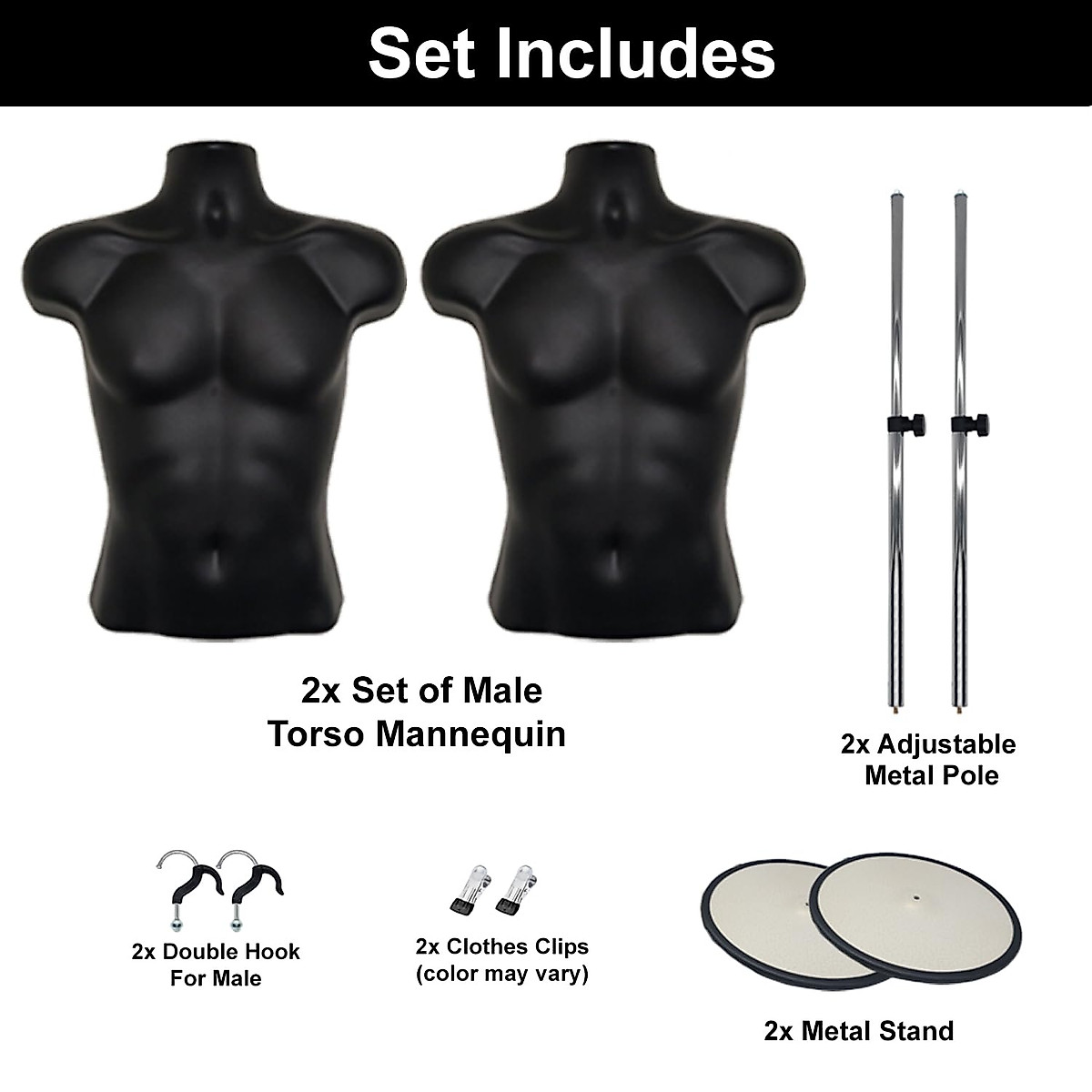 DisplayTown 2 Black Male Mannequin Hollow Back Body Torso Set w/ Clothes Clips, Metal Stands and Metal Poles & Hanging Hooks, S-M Sizes