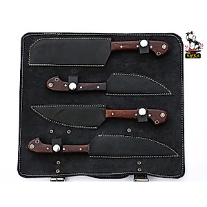 Sapra Hand Forged Custom Made Damascus Steel 4 Pcs Outdoor BBQ Professional Utility knives chef knife set for kitchen with Handmade Leather Roll Bag P-2090-R-KCS
