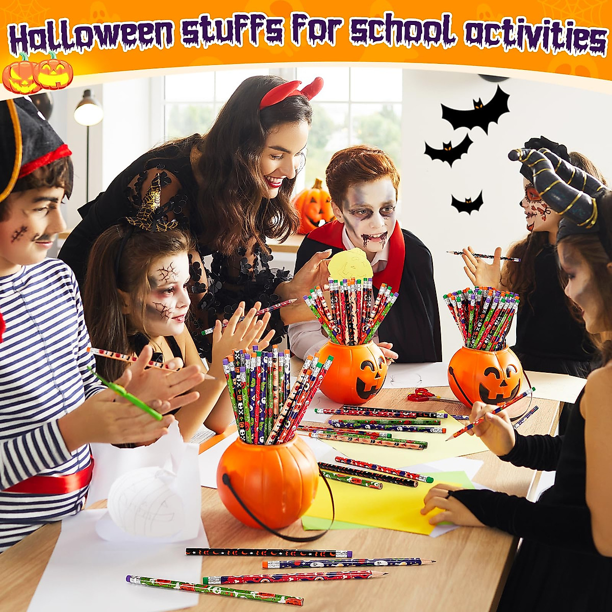 100 Pcs Halloween Pencil Assortment with Eraser, Colorful Wood Pencils in Halloween Design, Halloween Party Favors for Kids, Trick or Treat, Halloween Goodies Bags Filler, Game Prizes Classroom Reward