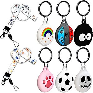 AirTag Case 4 Pack + 2 Pack 3D Pattern Air tag Holder with 2X Necklace Lanyard for Kids & Adults, Soft Silicone Cover for AirTags with Keychain
