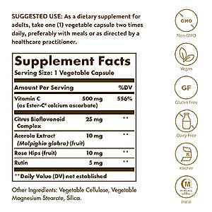 Solgar Ester-C Plus 500 mg Vitamin C (Ascorbate Complex), 250 Vegetable Capsules - Gentle & Non Acidic - Antioxidant & Immune Support - Non GMO, Vegan, Gluten Free, Kosher - 250 Servings