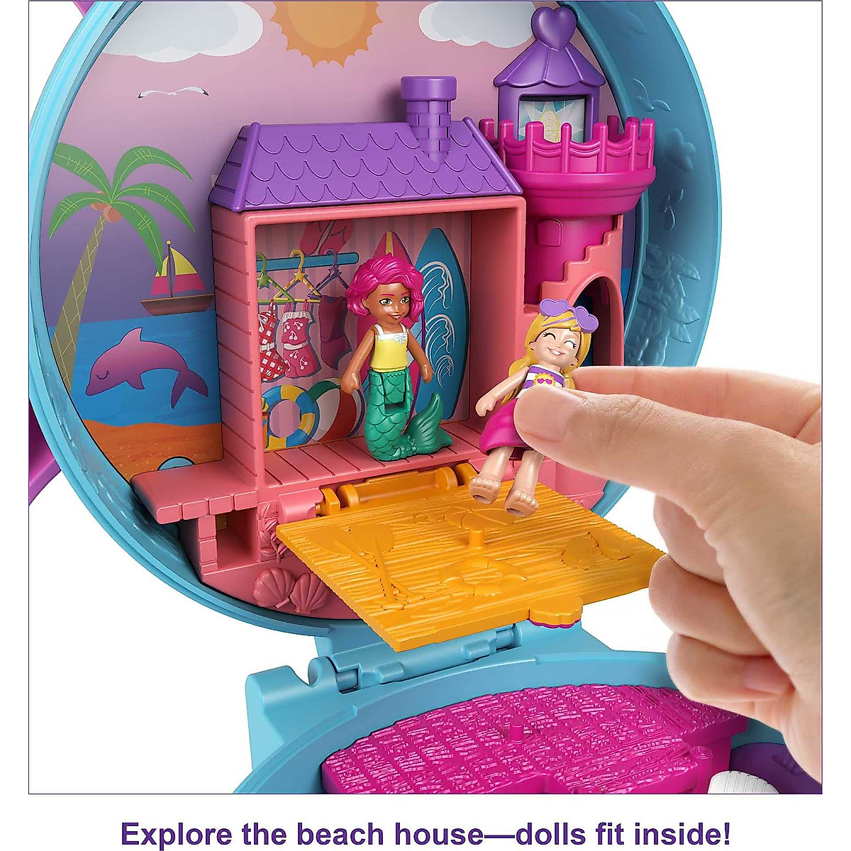 Polly Pocket Compact Playset, Dolphin Beach with Micro Polly, Mermaid Doll & Accessories, Travel Toys with Surprise Reveals